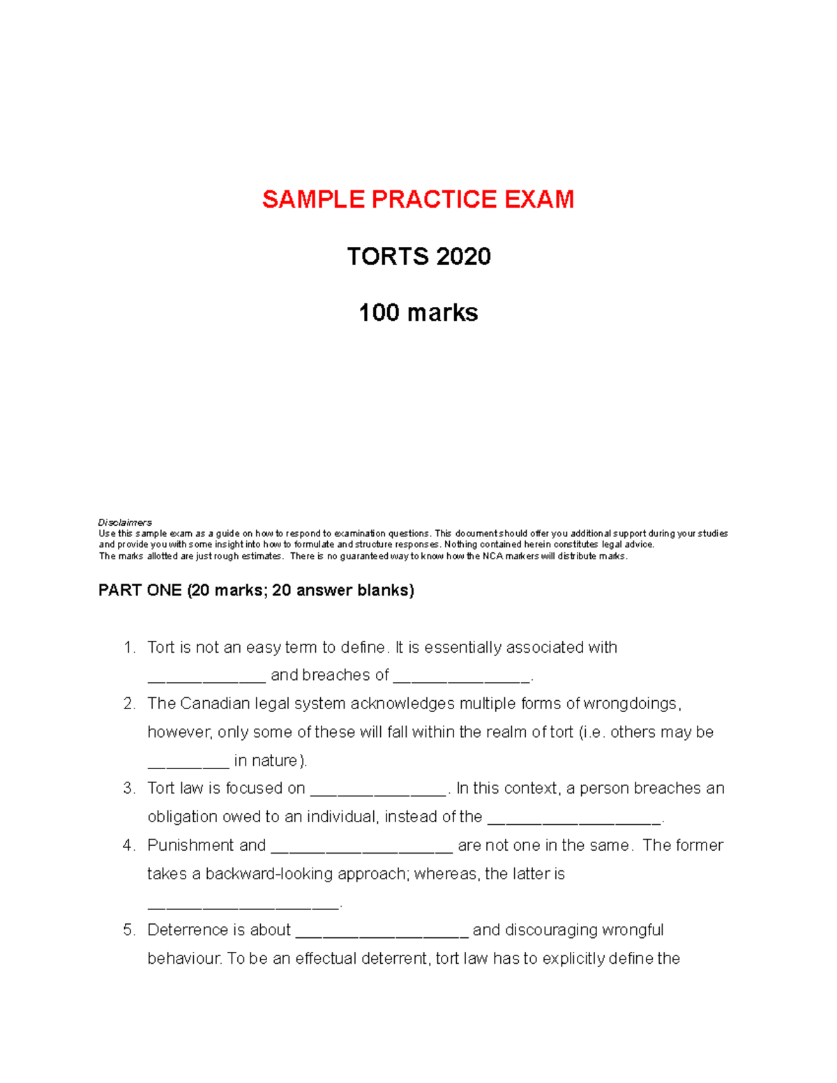 3. Sample Tort Practice Exam - SAMPLE PRACTICE EXAM TORTS 2020 100 ...