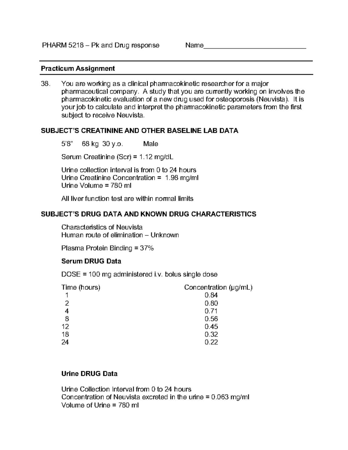 Practicum 1 - PHARM 5218 3 Pk and Drug response Name ...