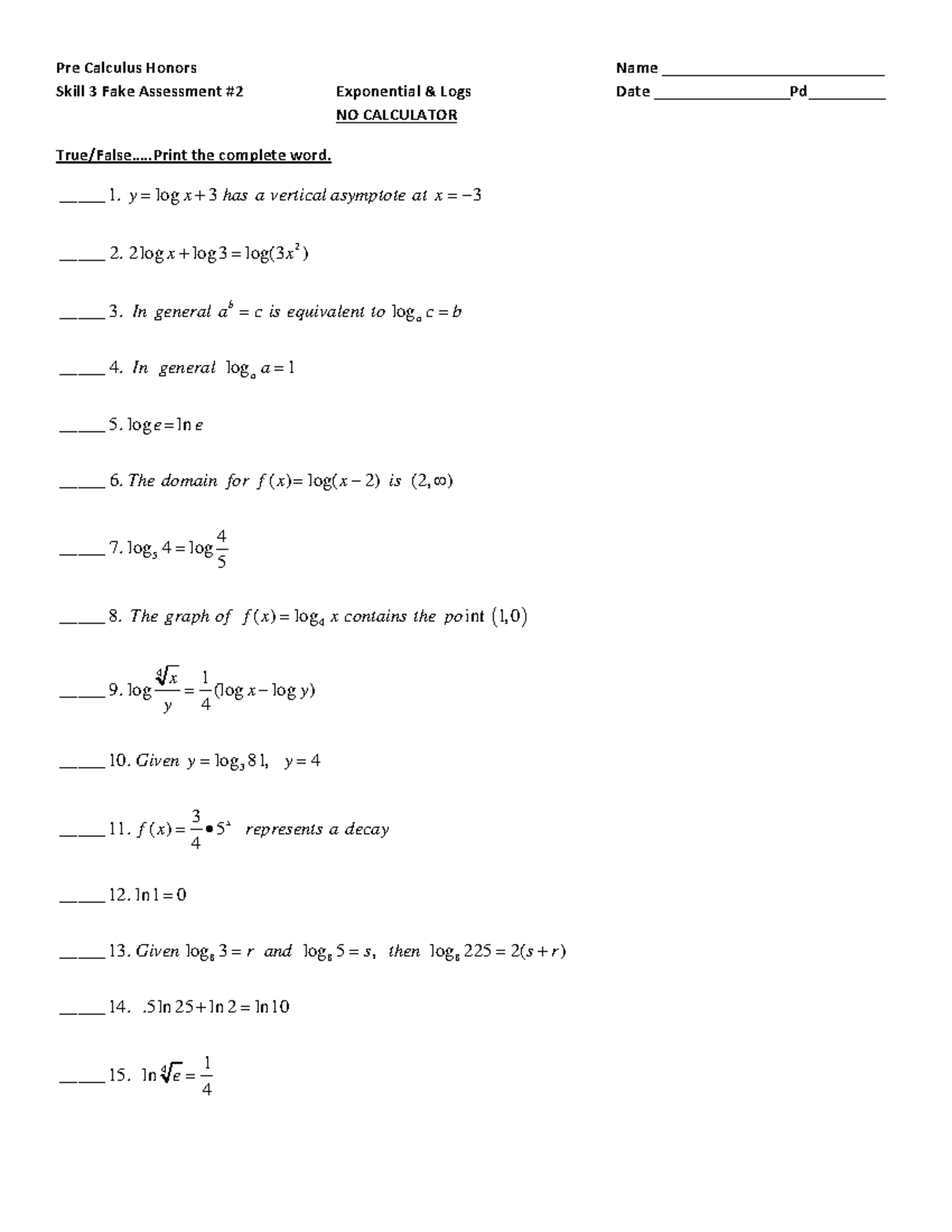 Skill 3 Fake Assessment 2 - Pre Calculus HonorsSkill 3 Fake Assessment ...