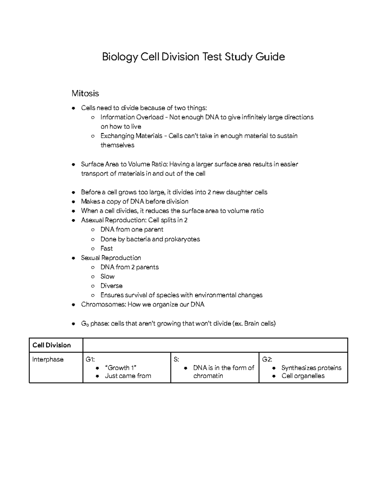Biology Cell Division Study Guide - Biology Cell Division Test Study ...