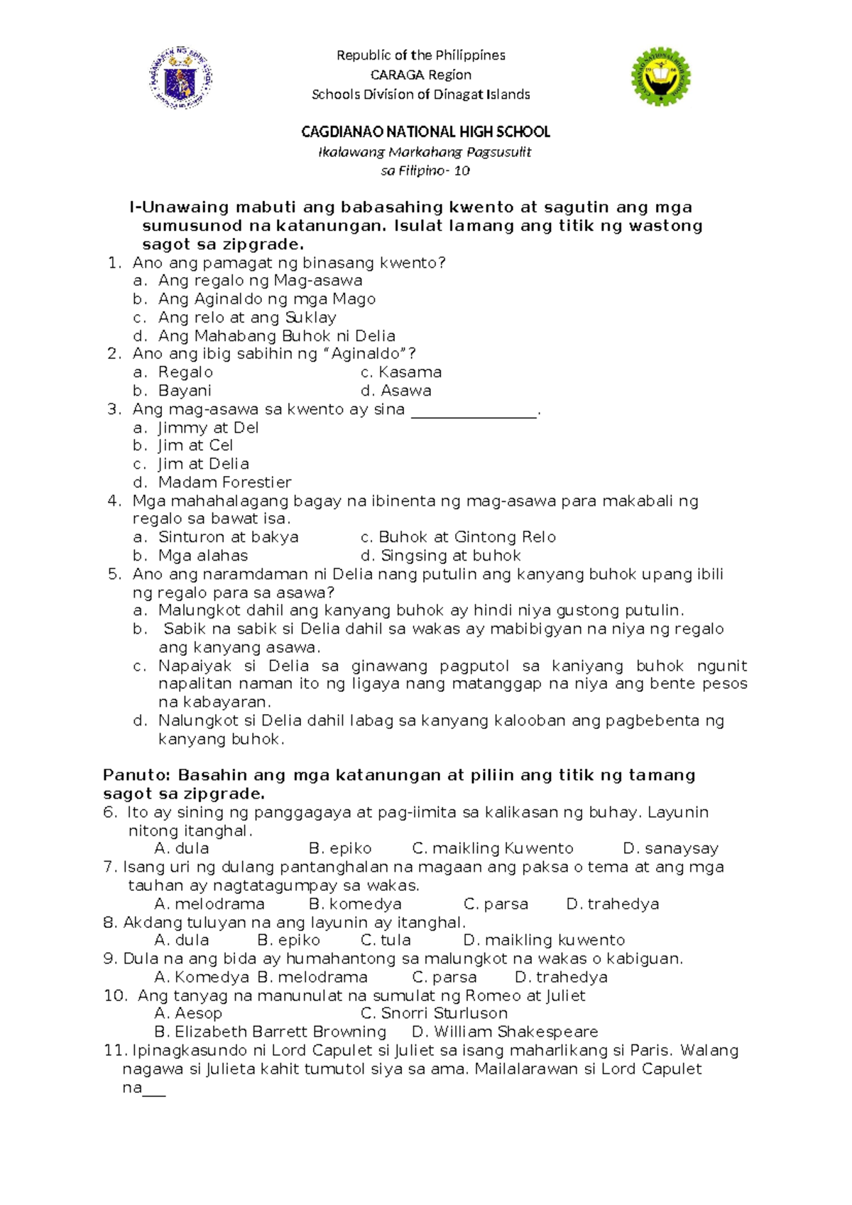 2nd quarter EXAM Filipino 10 - Republic of the Philippines CARAGA ...