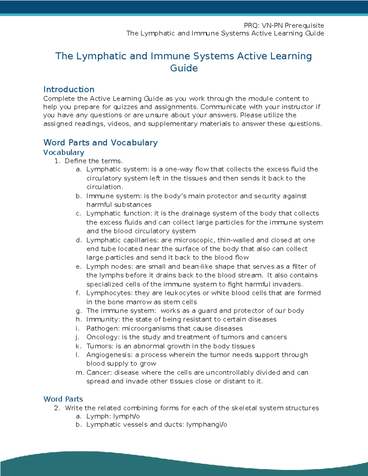 Lymphatic and Immune Systems Active Learning Guide - Communicate with ...