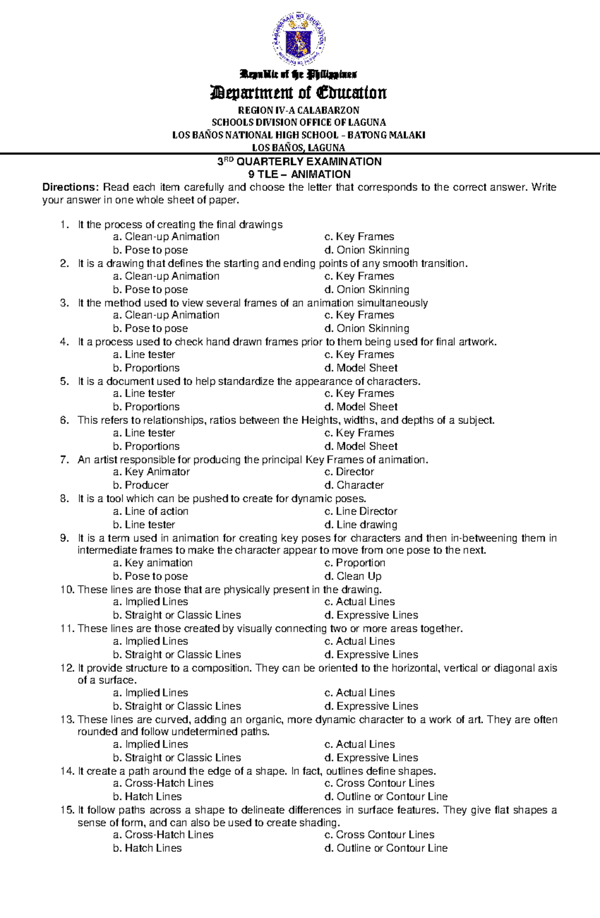 Animation 3RD Quarter EXAM - 3 RD QUARTERLY EXAMINATION 9 TLE ...