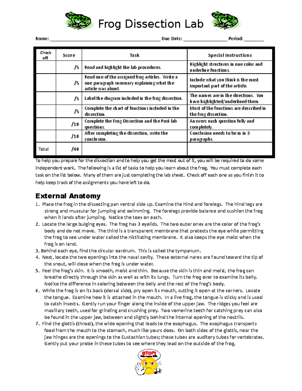 Frog Dissection Packet - Frog Dissection Lab Name