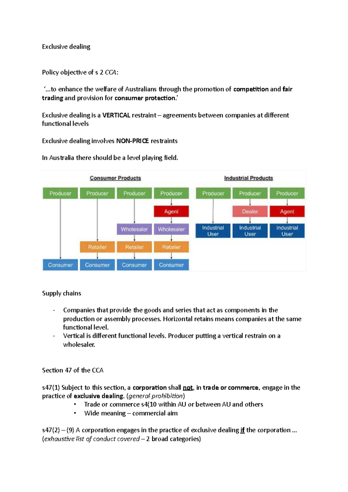 Exclusive dealing - Notes - Exclusive dealing Policy objective of s 2 ...