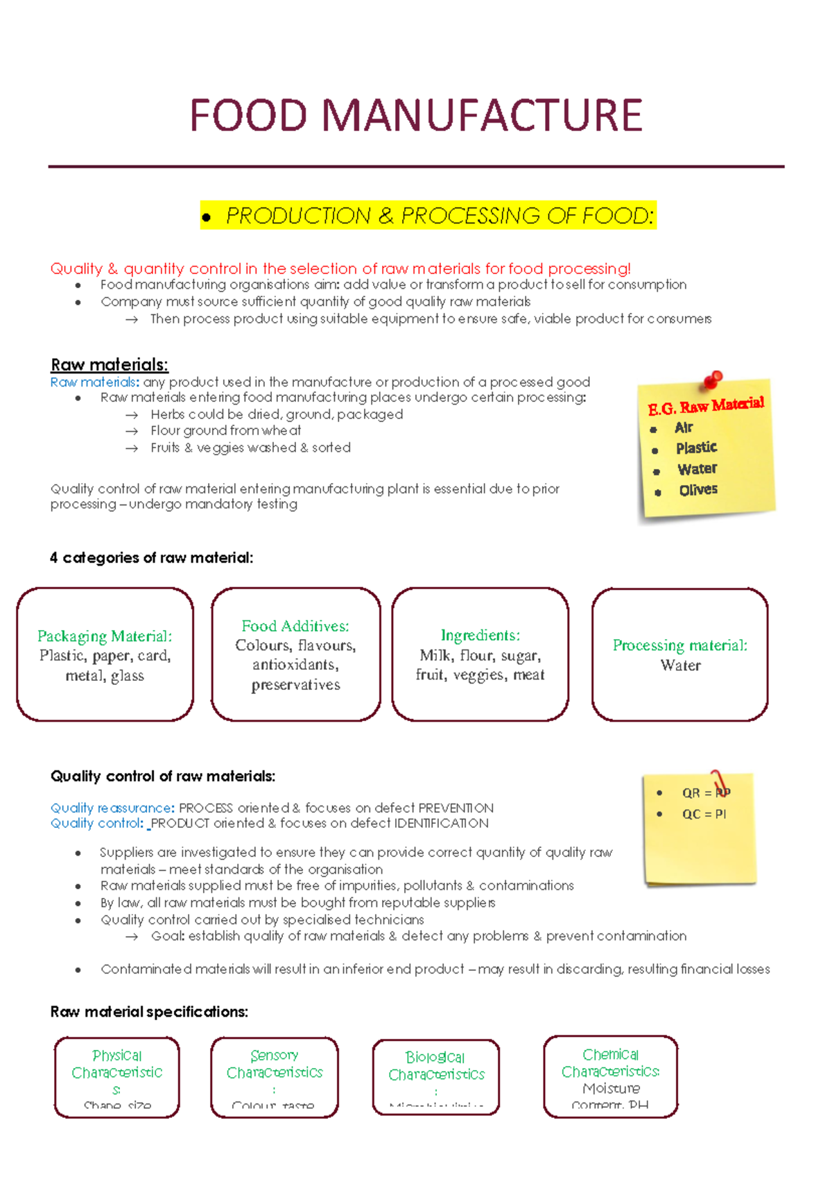 Extensive Notes on Food Manufactures (Unit 9 - FOOD MANUFACTURE ...