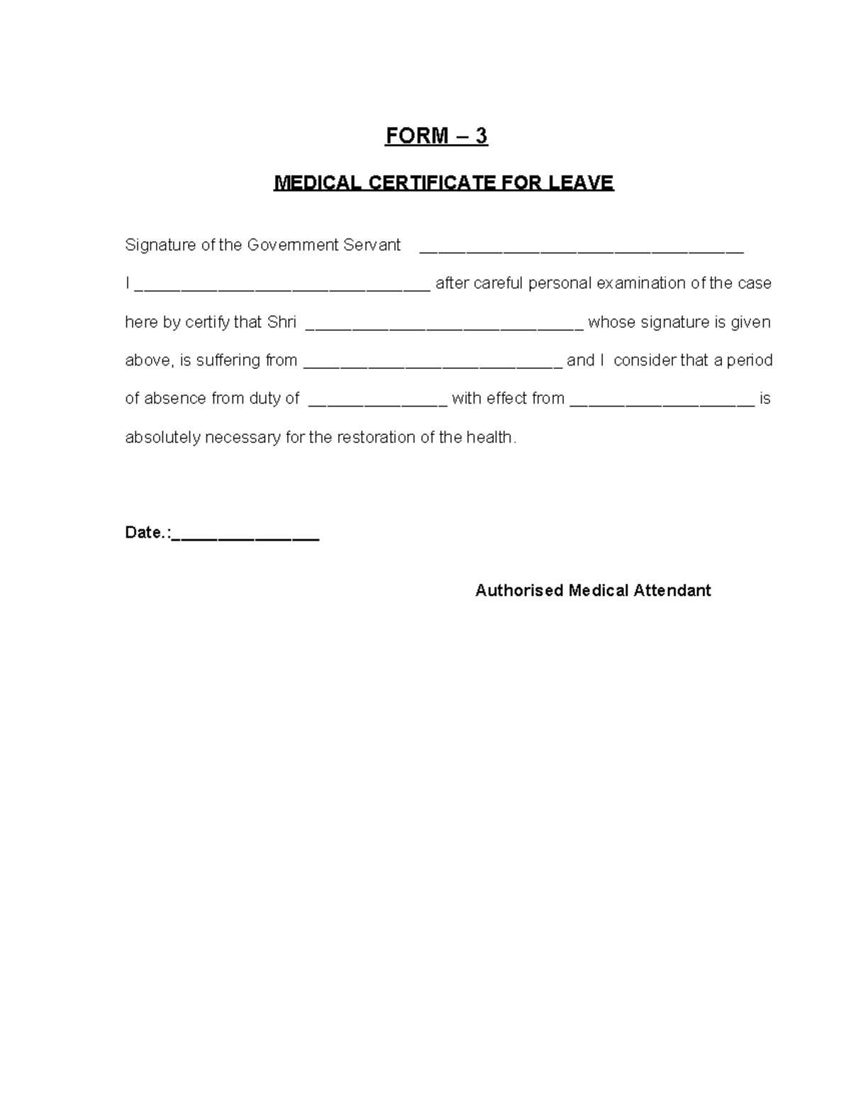 Medical Cetificate For Leave - FORM – 3 MEDICAL CERTIFICATE FOR LEAVE ...