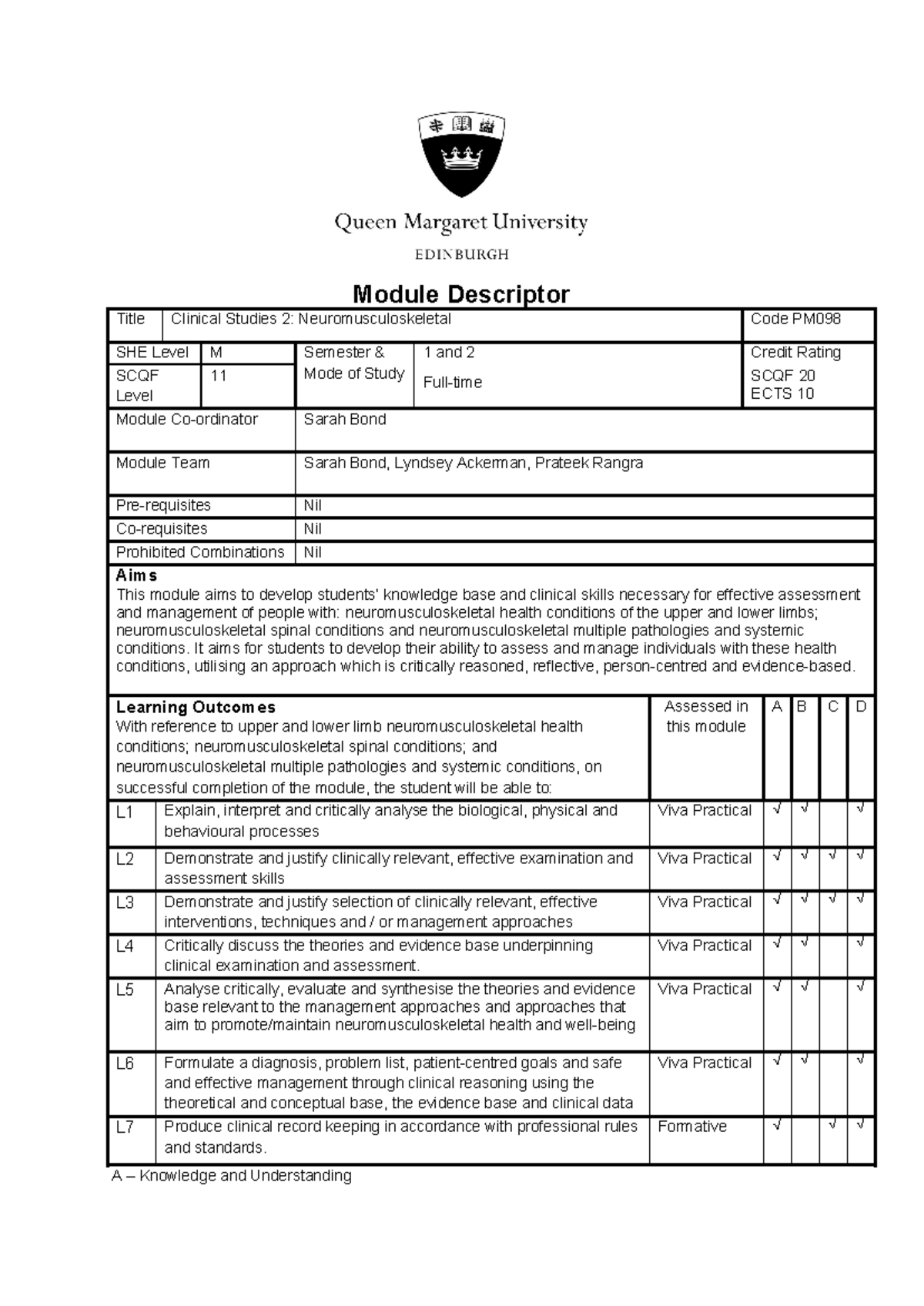 PM098 Clinical Studies 2 Neuromusculoskeletal Module descriptor PM098 ...