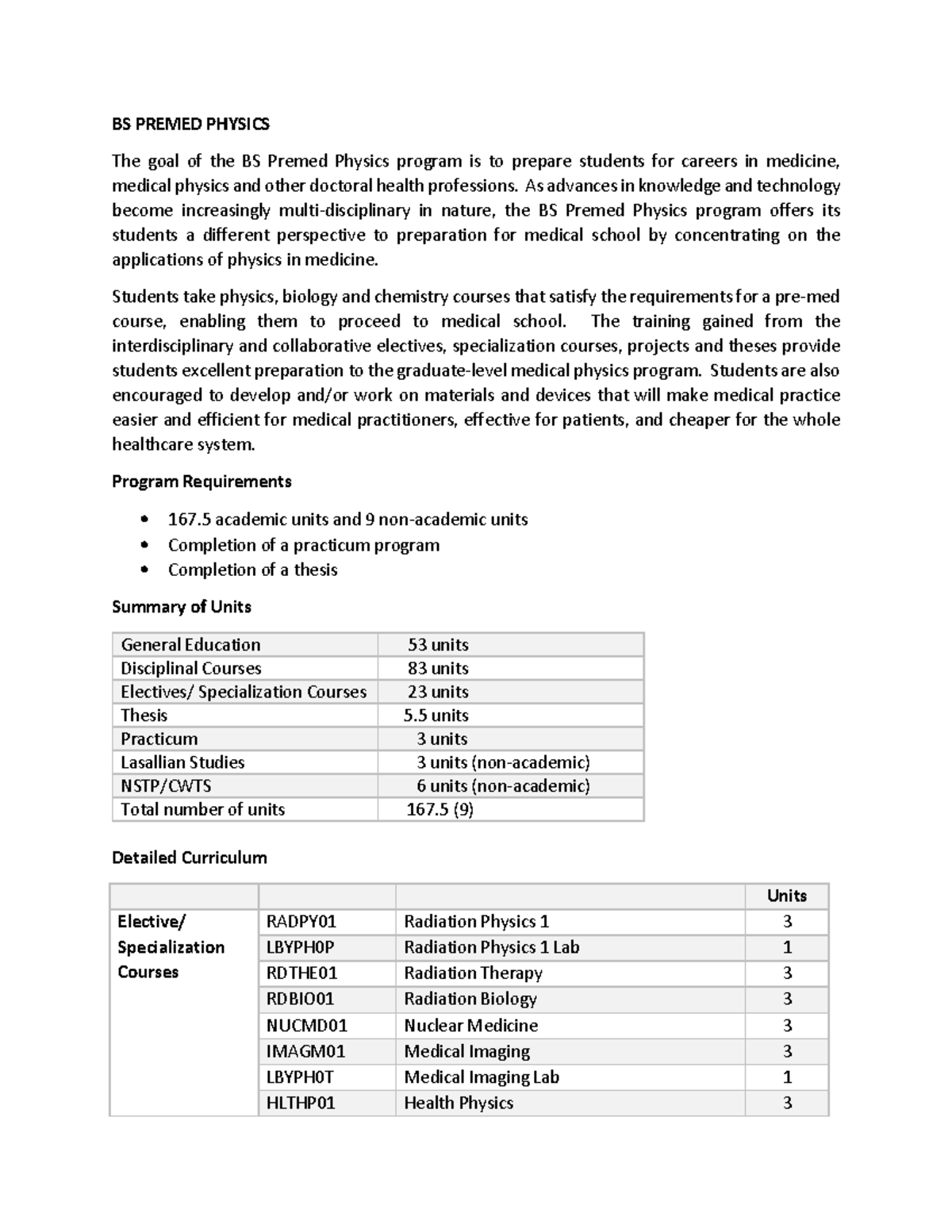 2020 BS Premed Physics - BS PREMED PHYSICS The goal of the BS Premed ...