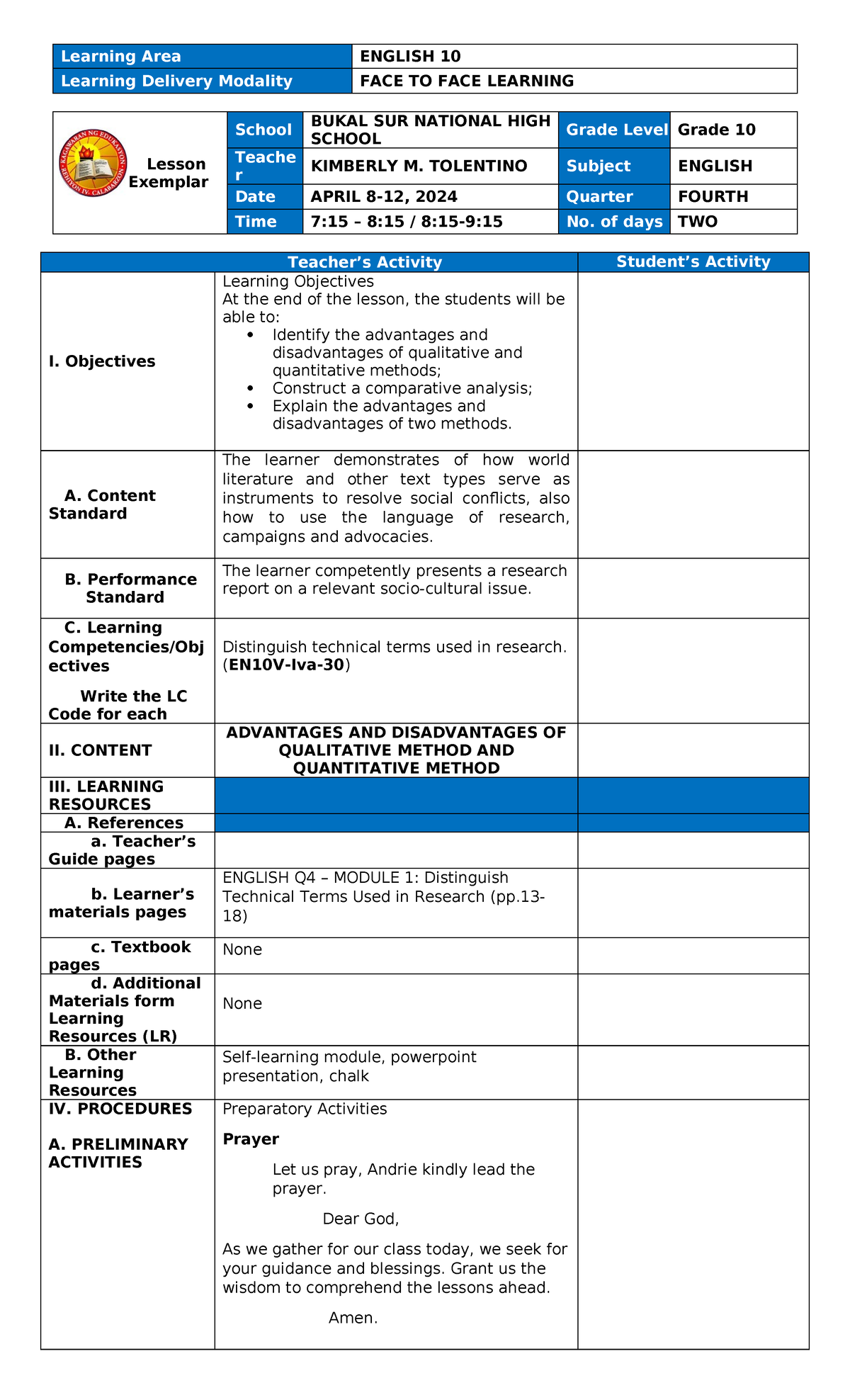 Disadvantages and advantages - Learning Area ENGLISH 10 Learning ...