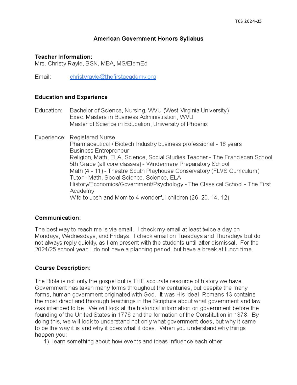American Government (H) Syllabus 24-25 - American Government Honors ...