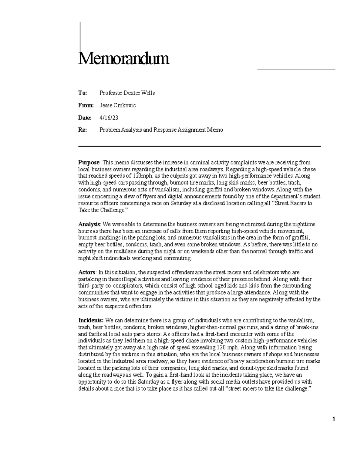 Crnkovic Problem Analysis and Response Memo Template - Memorandum To ...