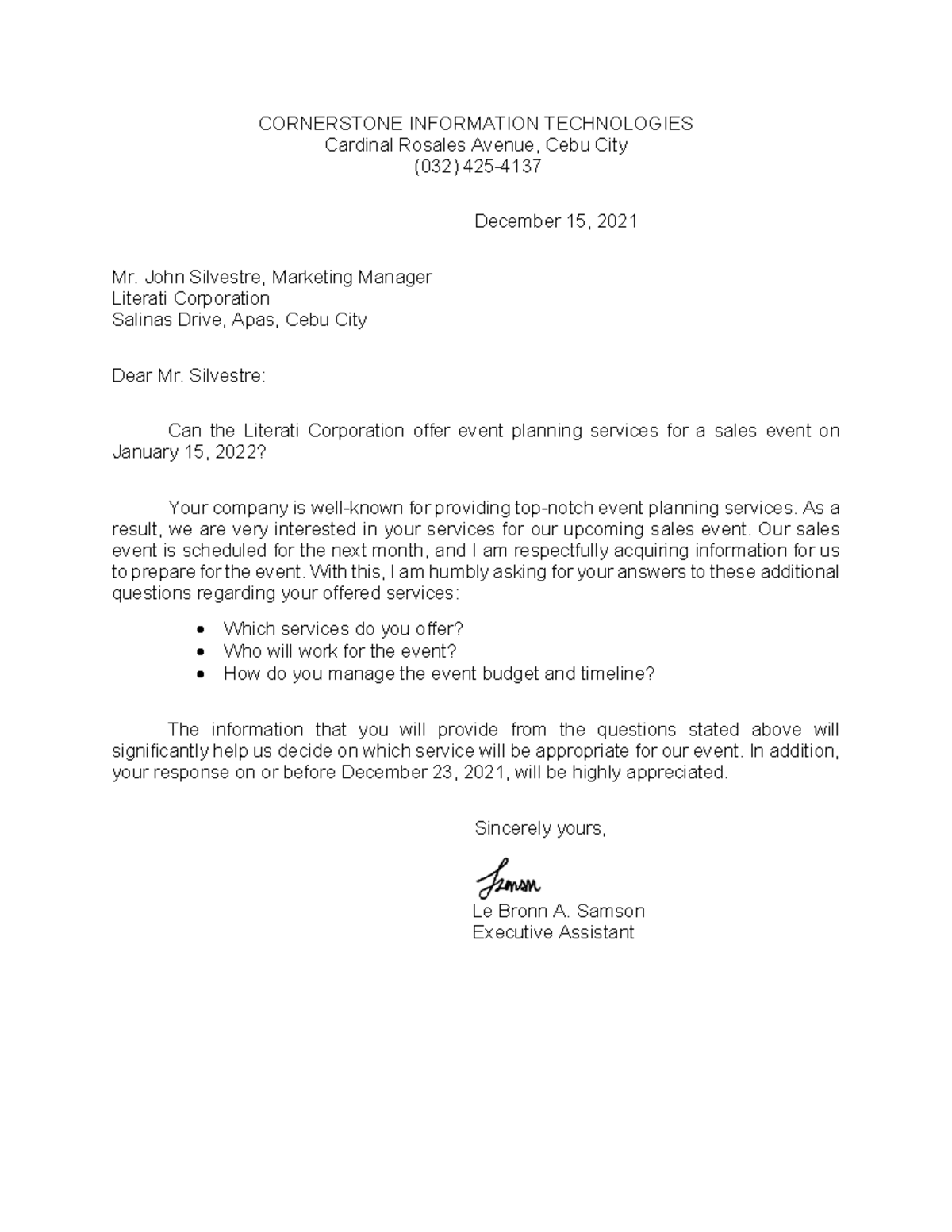 Samson Business Letters for English031 - CORNERSTONE INFORMATION ...