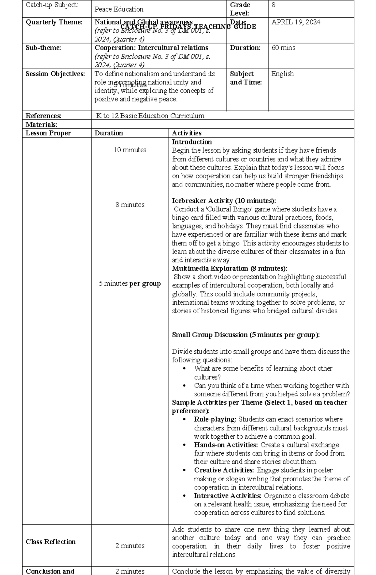 Grade 8 catch up plan - CATCH-UP FRIDAYS TEACHING GUIDE Catch-up ...