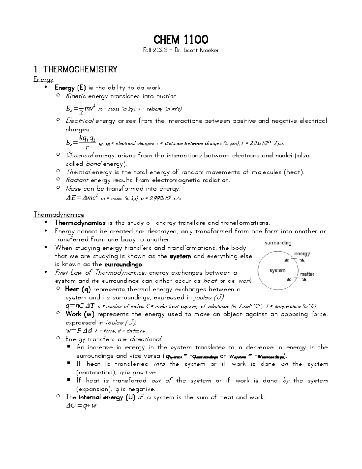 CHEM 1100 Full Course Notes - CHEM 1100 Fall 2023 – Dr. Scott Kroeker 1 ...