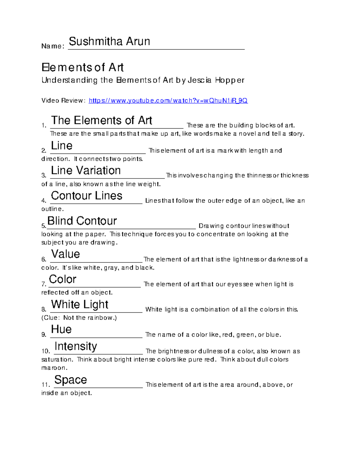 Intro - Elements of Art Video Review mine - Name: - Studocu