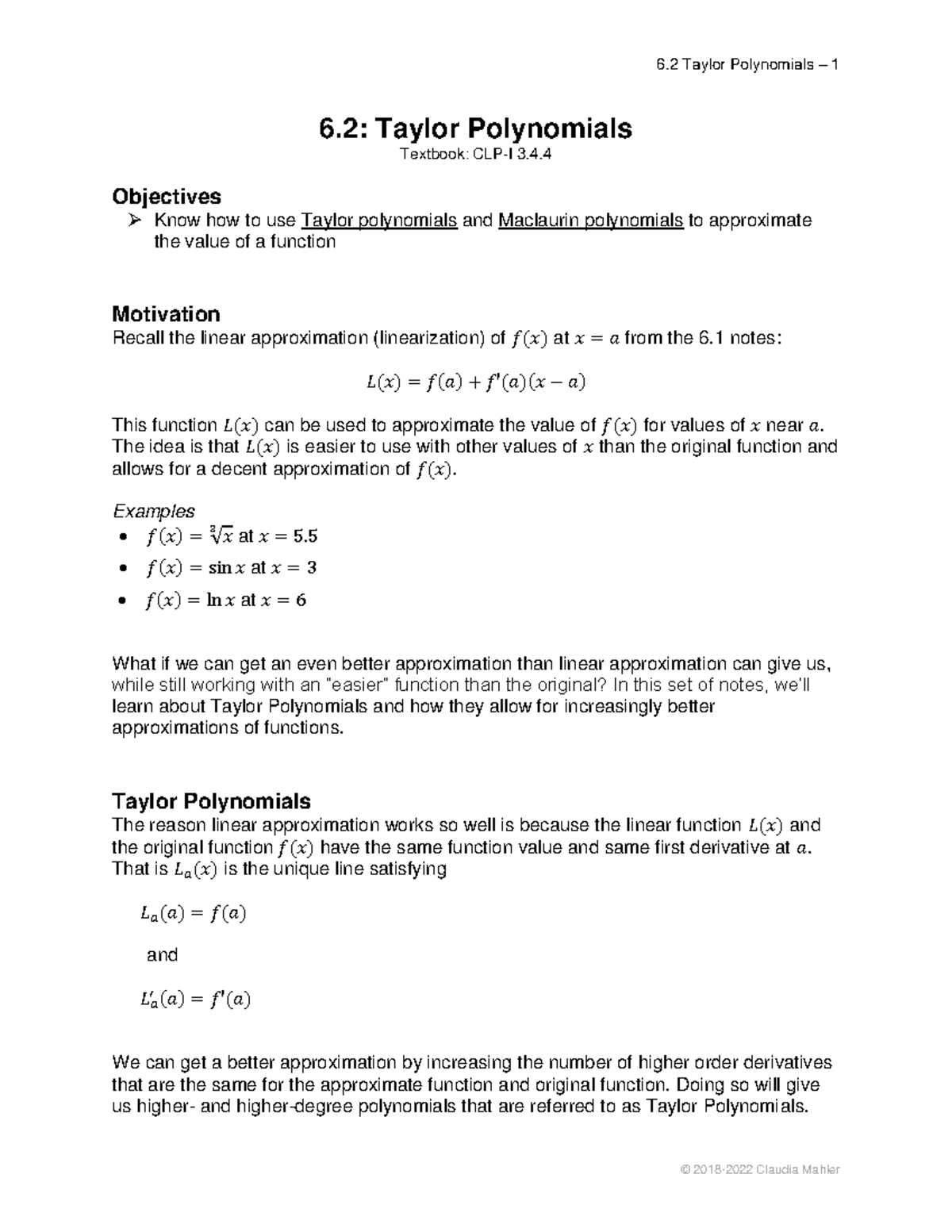6.2 Taylor Polynomials - 6: Taylor Polynomials Textbook: CLP-I 3 ...