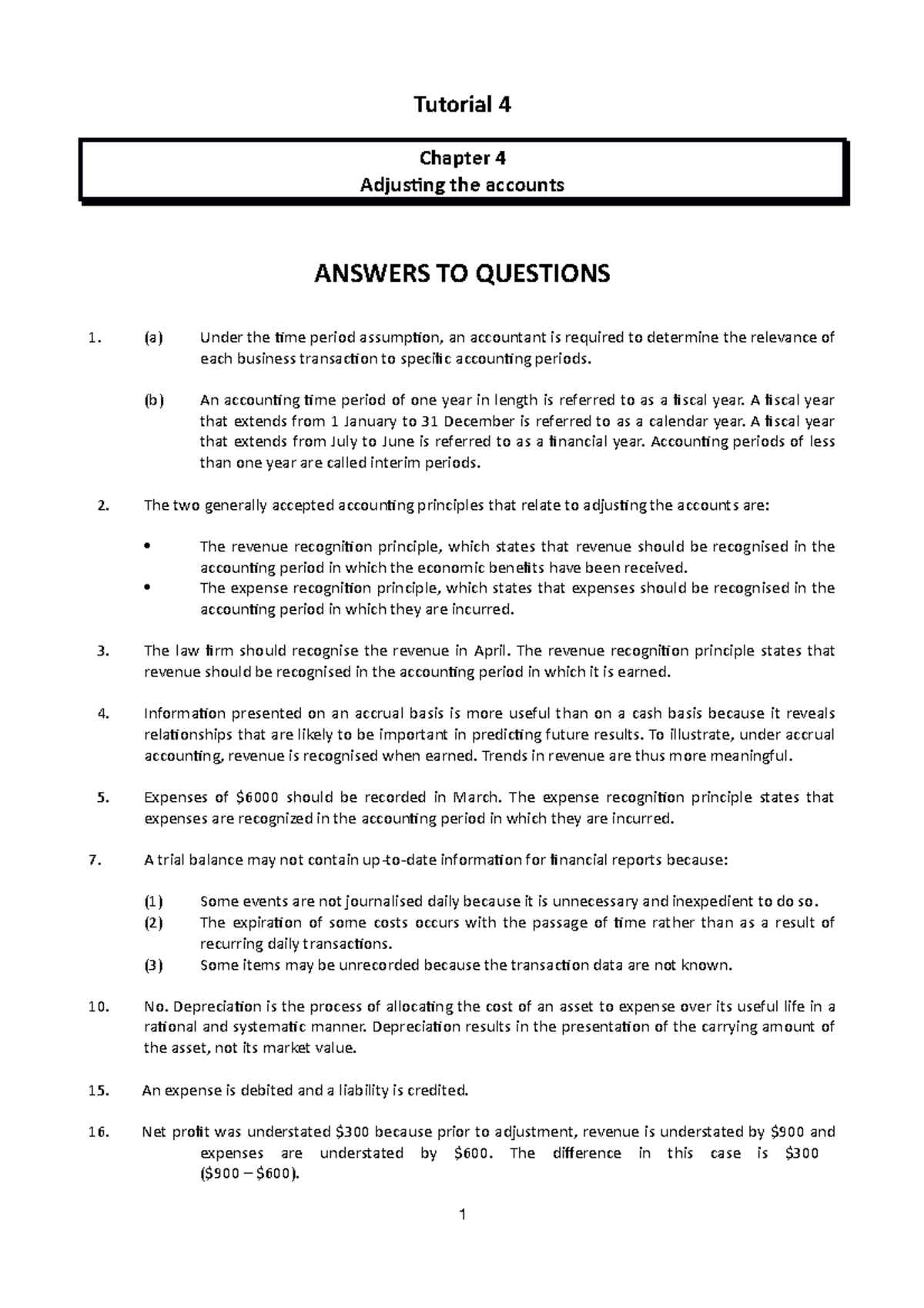 Tutorial work - Week 4 questions with answers - Tutorial 4 Chapter 4 ...