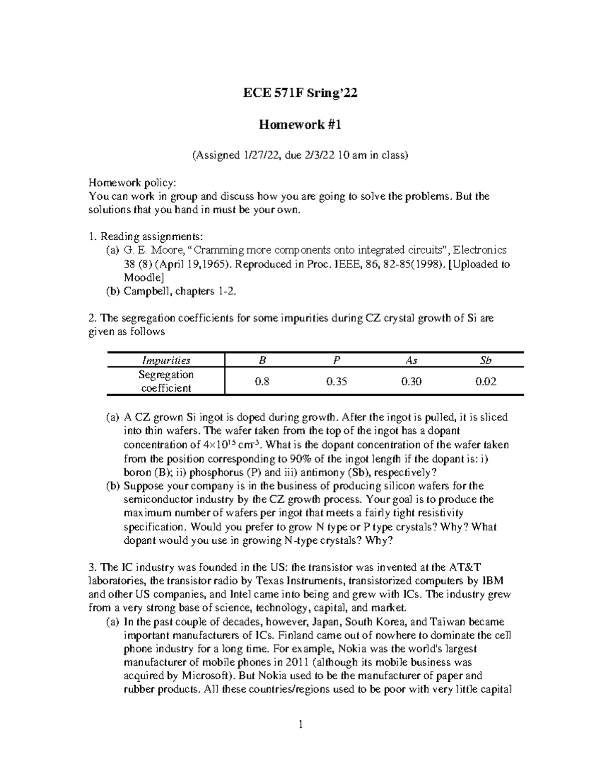 ECE571 HW1 - How does pure silicon form - 1 ECE 571F Sring’ 22 Homework ...