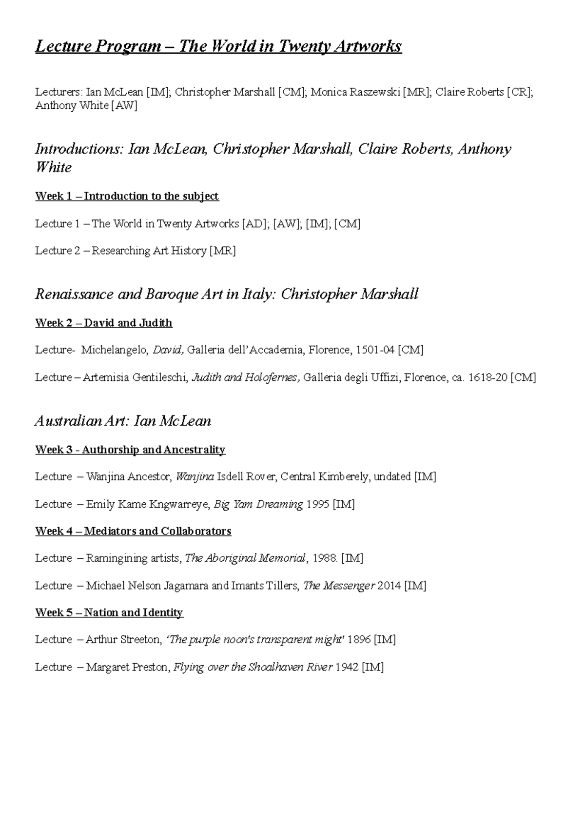 The world in 20 artworks lecture program 150722 - Lecture Program – The ...