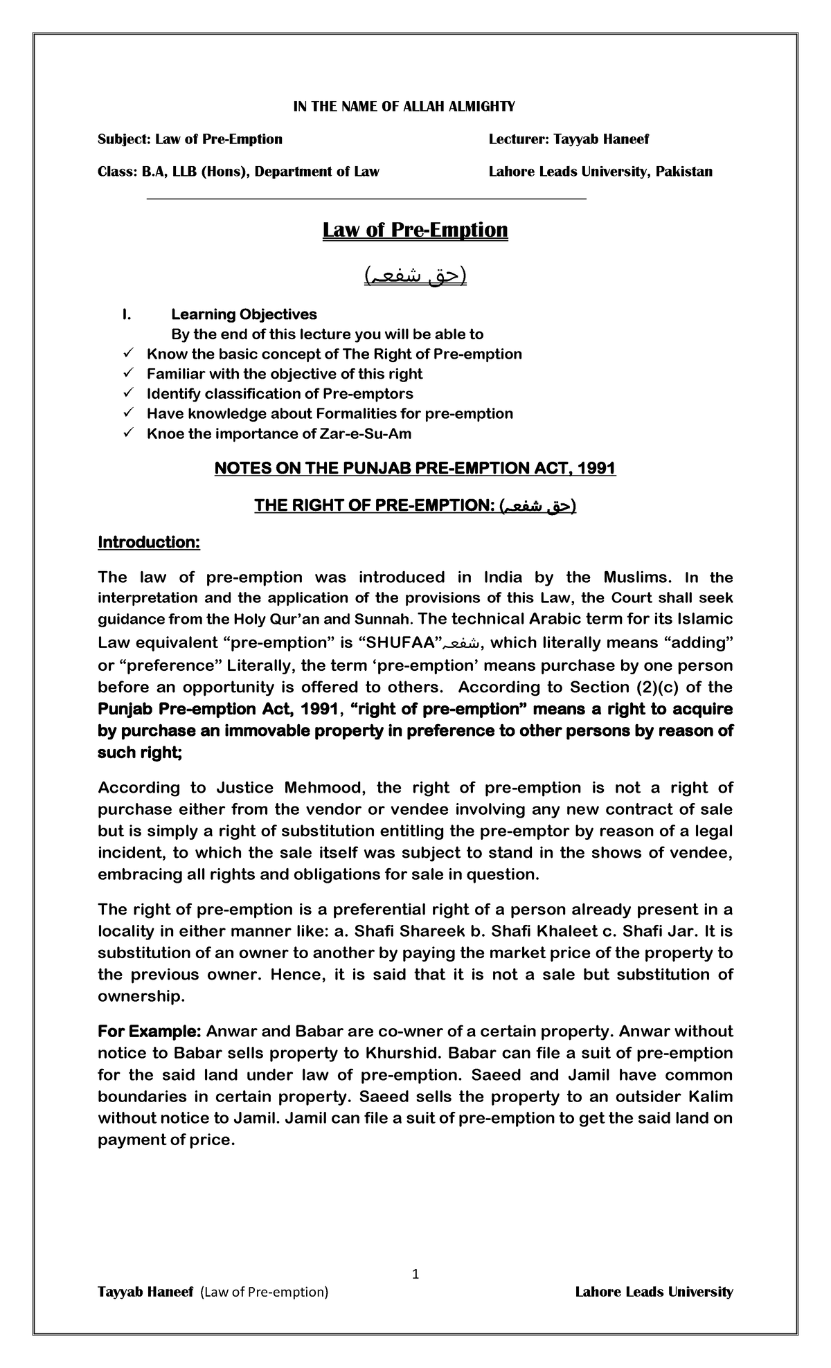 Pre Emption Act Notes pdf - 1 IN THE NAME OF ALLAH ALMIGHTY Subject ...