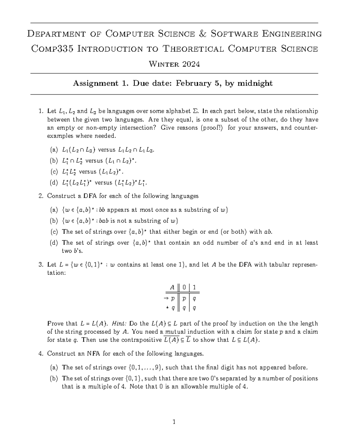Assgn 1 - Department of Computer Science & Software Engineering Comp335 Introduction to - Studocu