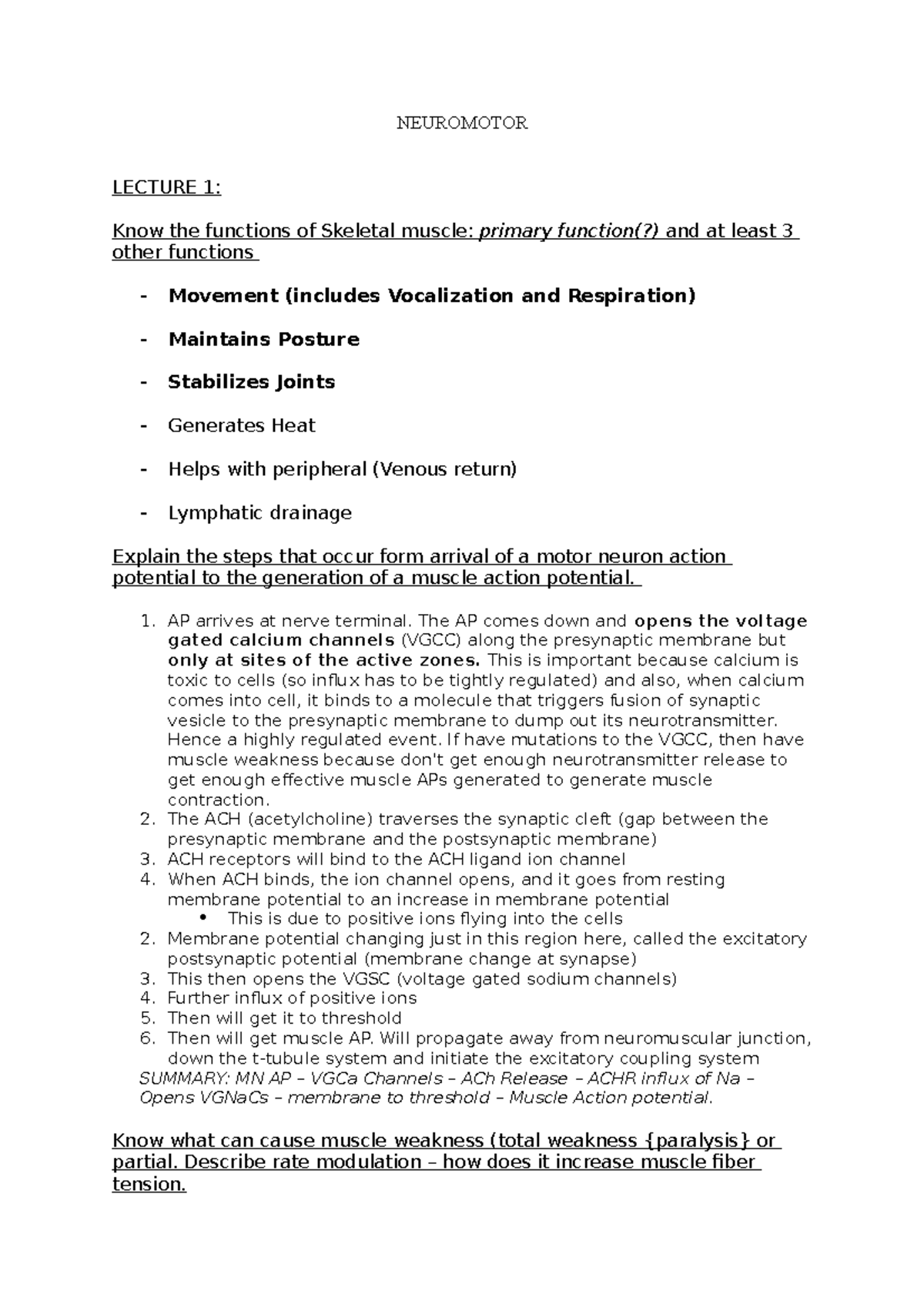 Neuromotor notes - NEUROMOTOR LECTURE 1: Know the functions of Skeletal ...