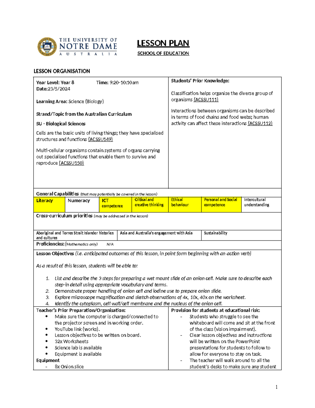 Lesson plan - LESSON PLAN SCHOOL OF EDUCATION LESSON ORGANISATION Year ...