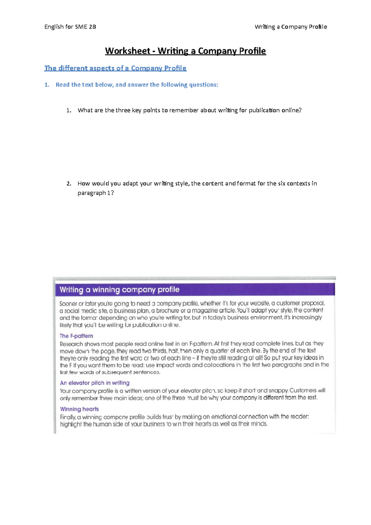 Work sheet - Writing A Company Profile - Worksheet - Writing a Company ...