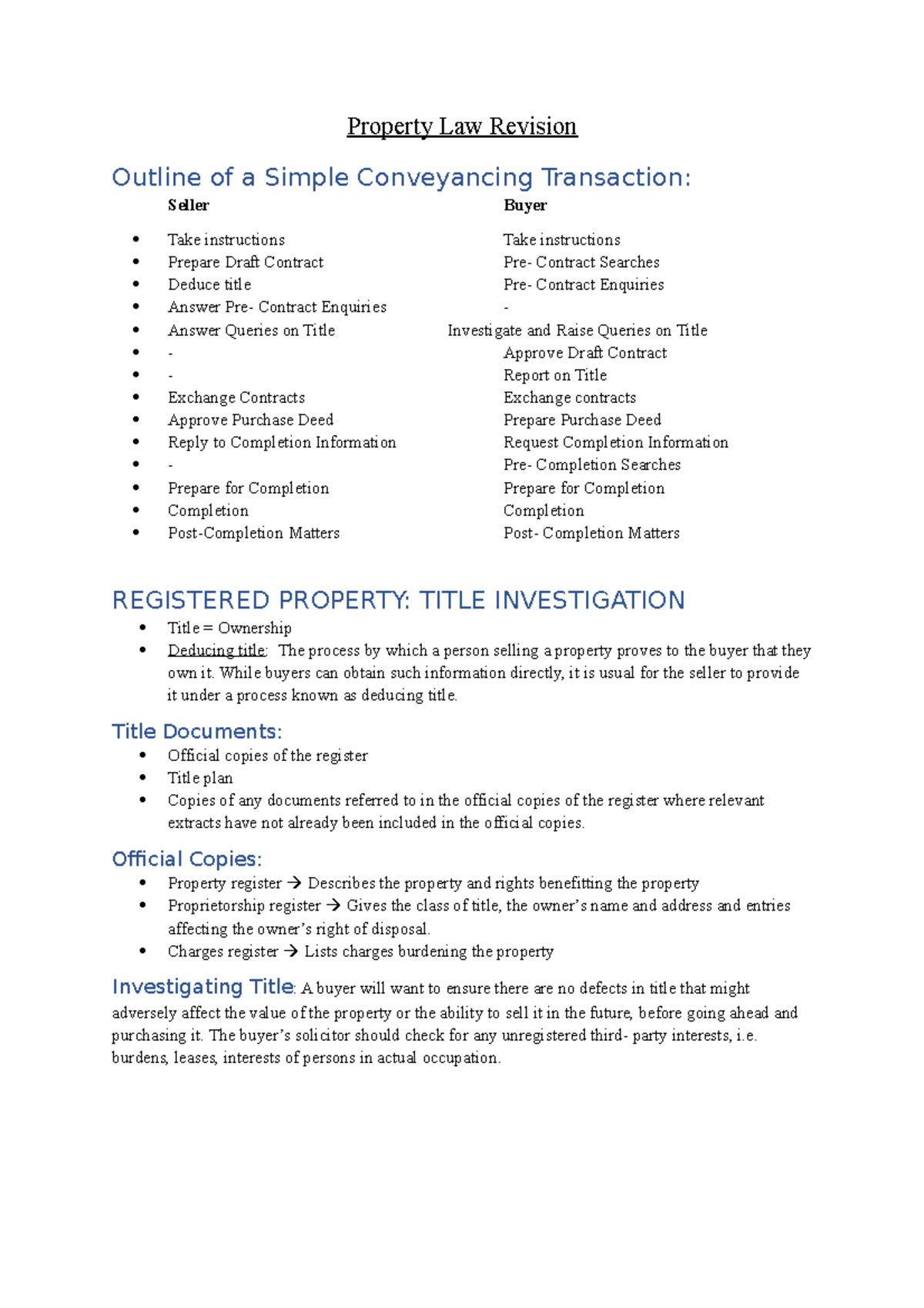 Property Law Revision - Property Law Revision Outline of a Simple ...