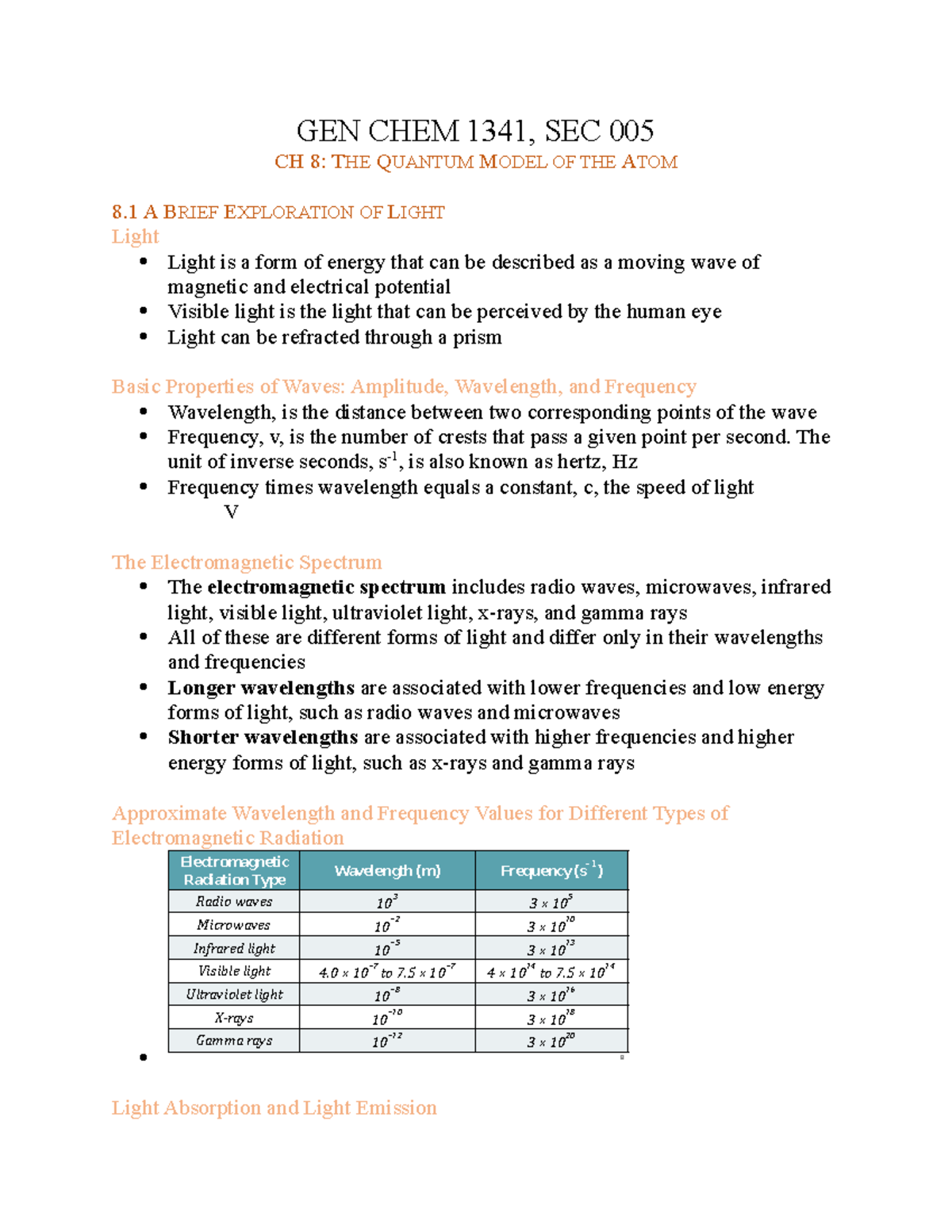 Chem notes, ch. 8 - the quantum model of the atom, Fernando Godinez ...