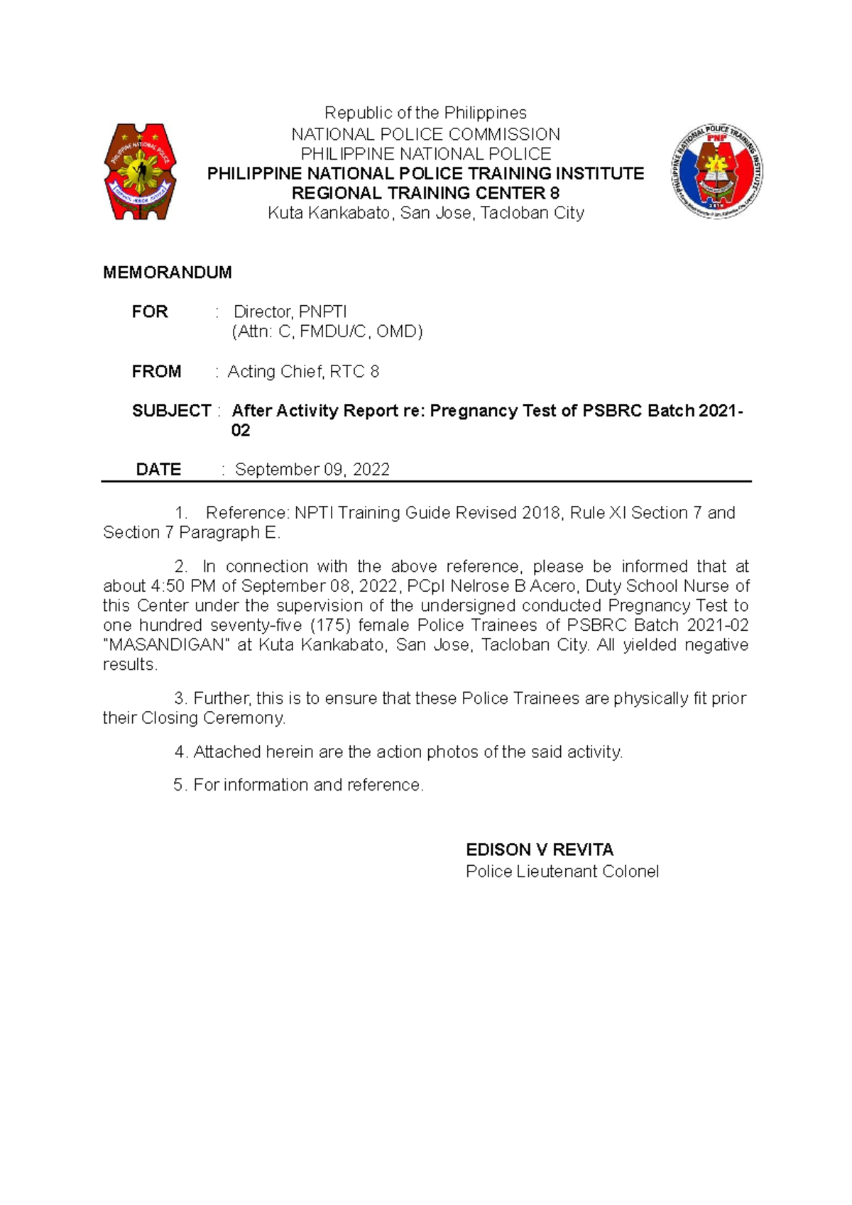 AAR re Pregnancy Test of Psbrc Batch 2021-01 - Republic of the ...