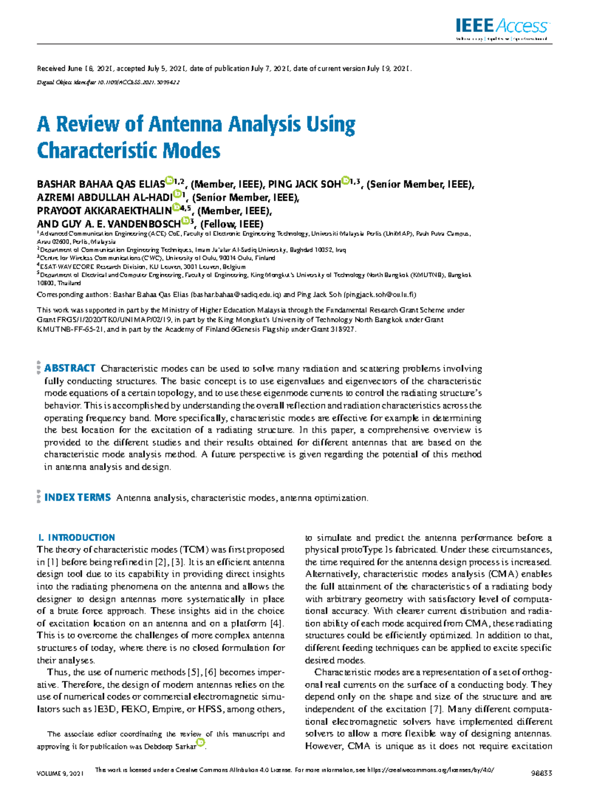 A Review of Antenna Analysis Using Characteristic Modes - Received June 16, 2021, accepted July ...