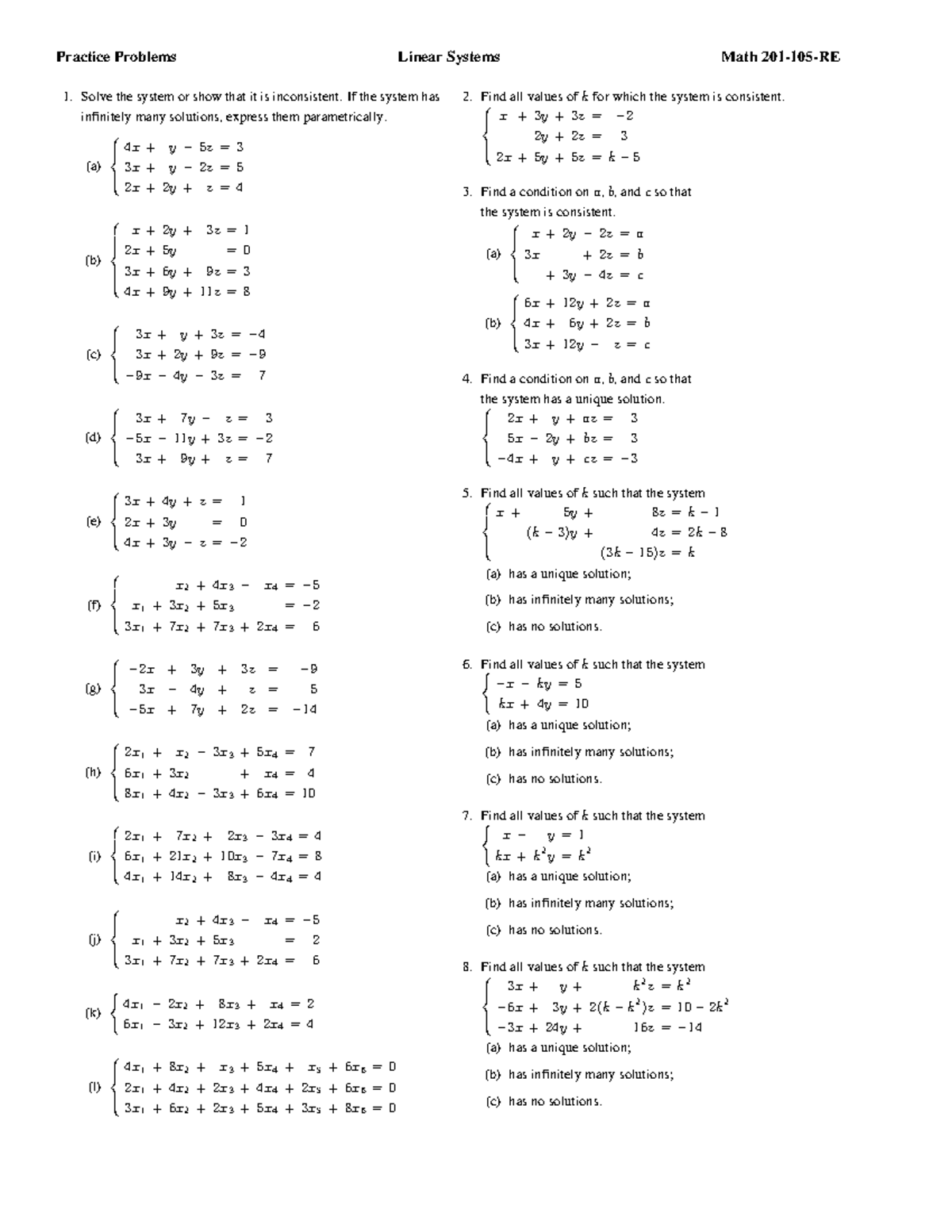 Row reduction - Work - Practice Problems Linear Systems Math 201-105-RE ...