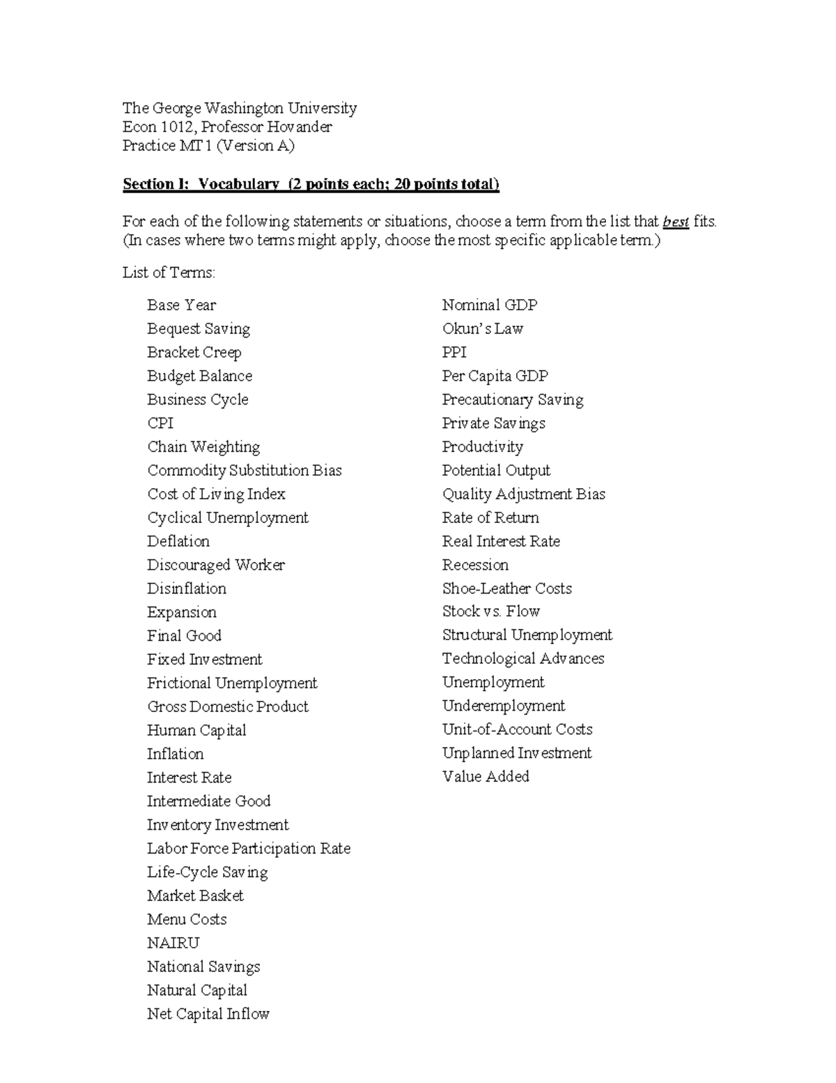 SP22 1012 Practice Midterm 1 Version A - The George Washington ...