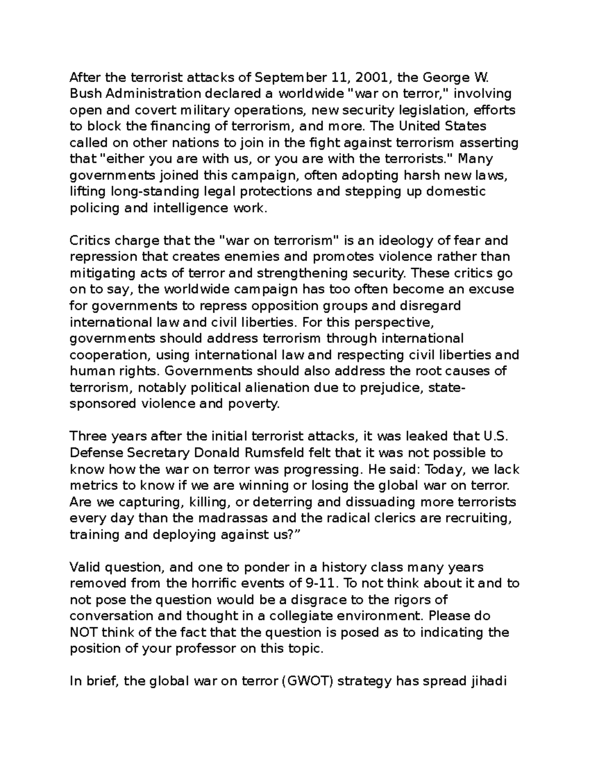 The war on terror - notes - After the terrorist attacks of September 11 ...