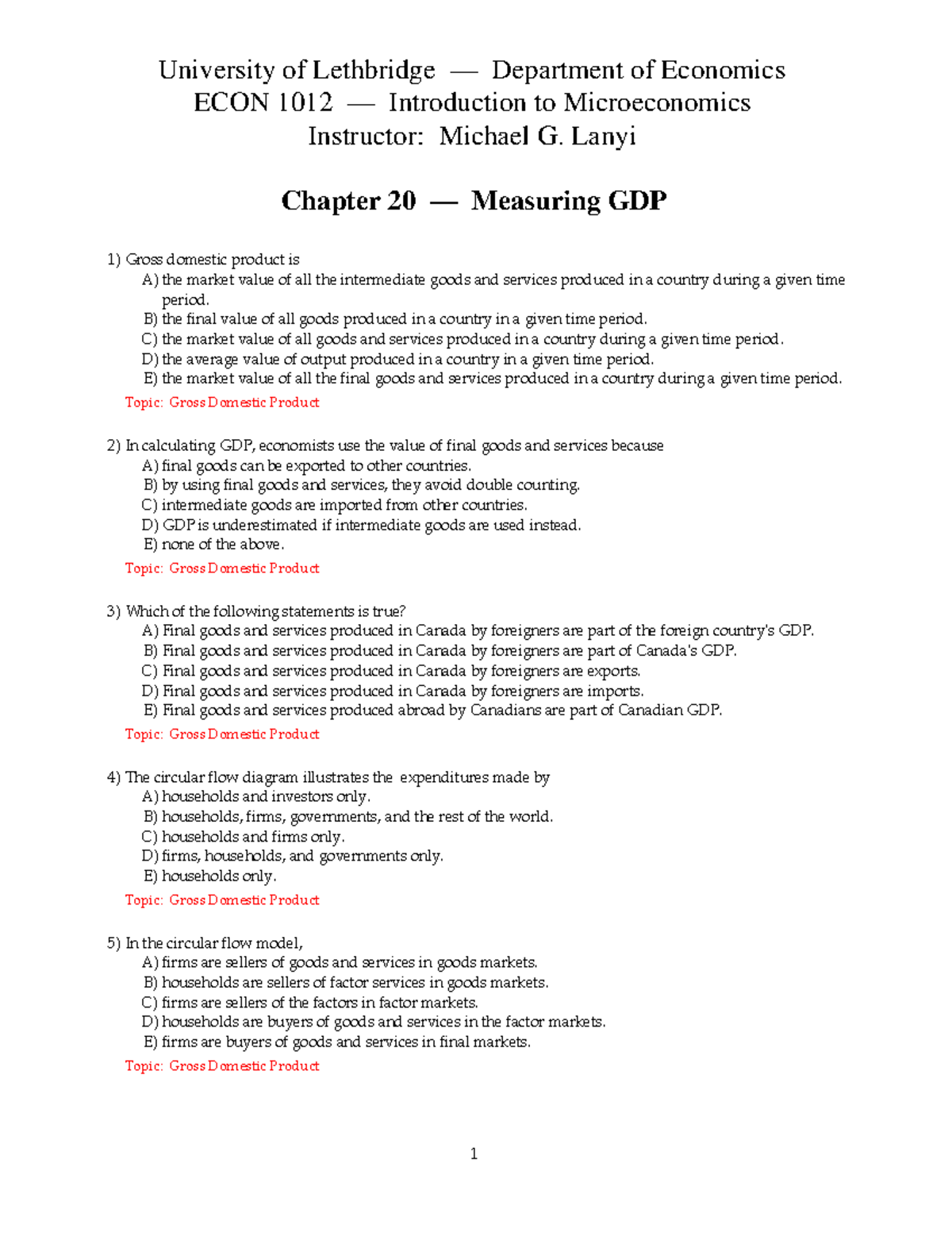 CH 20 Measuring GDP - University of Lethbridge — Department of ...