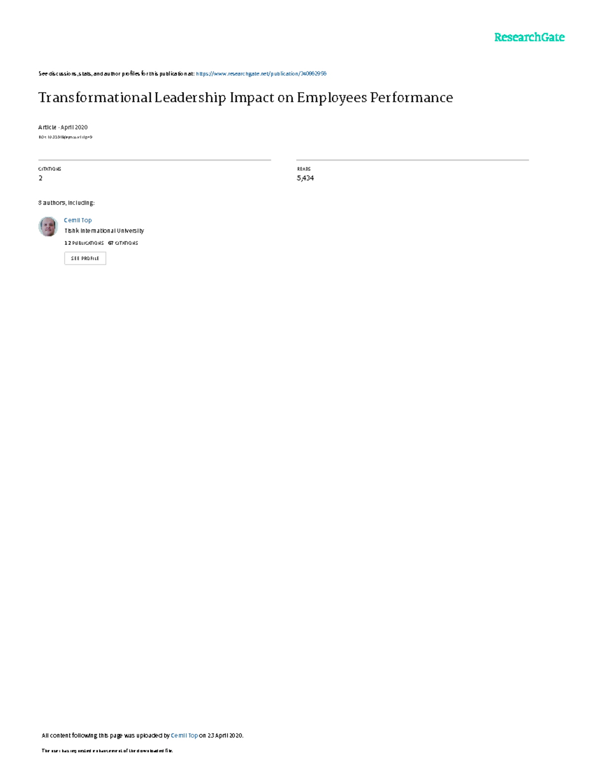 5Bryar Transformational Leadership Impact on Employees Performance - See discussions, stats, and ...