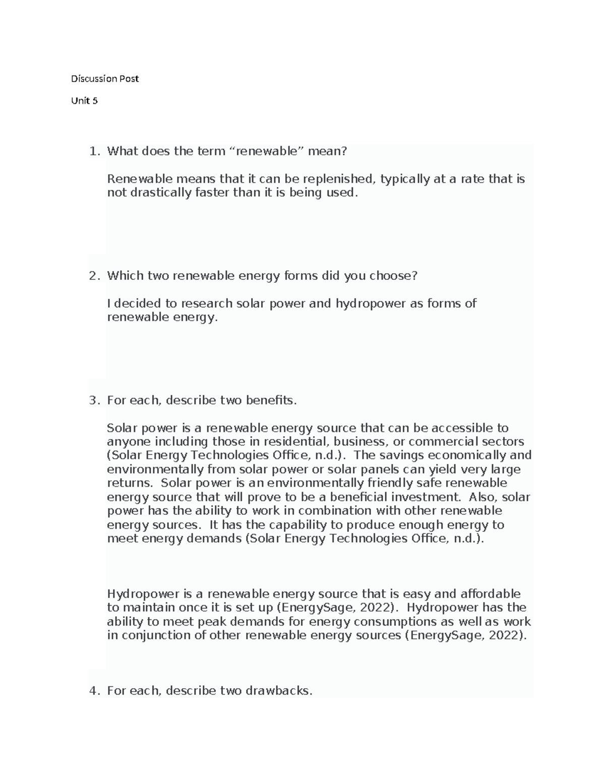 Discussion Questions Unit 5 - renewable energy - Discussion Post Unit 5 ...