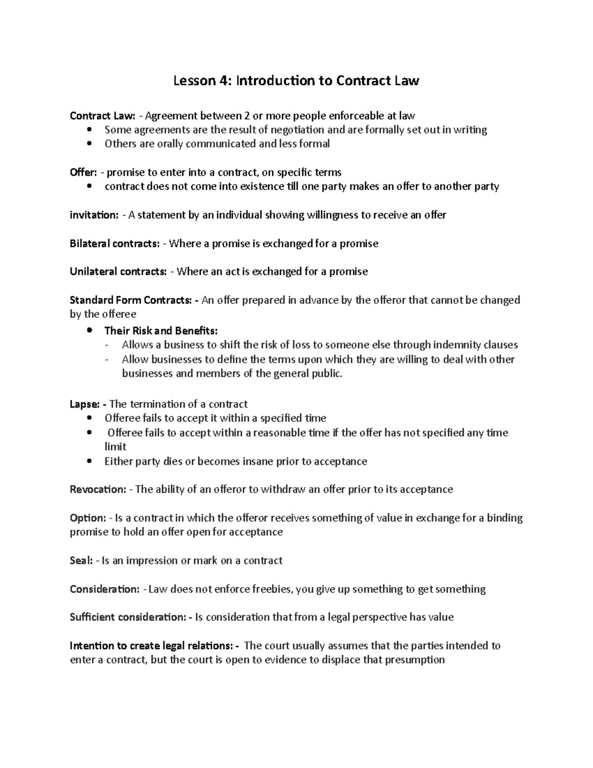 Lesson 4 - Introduction to Contract Law - Lesson 4: Introduction to ...