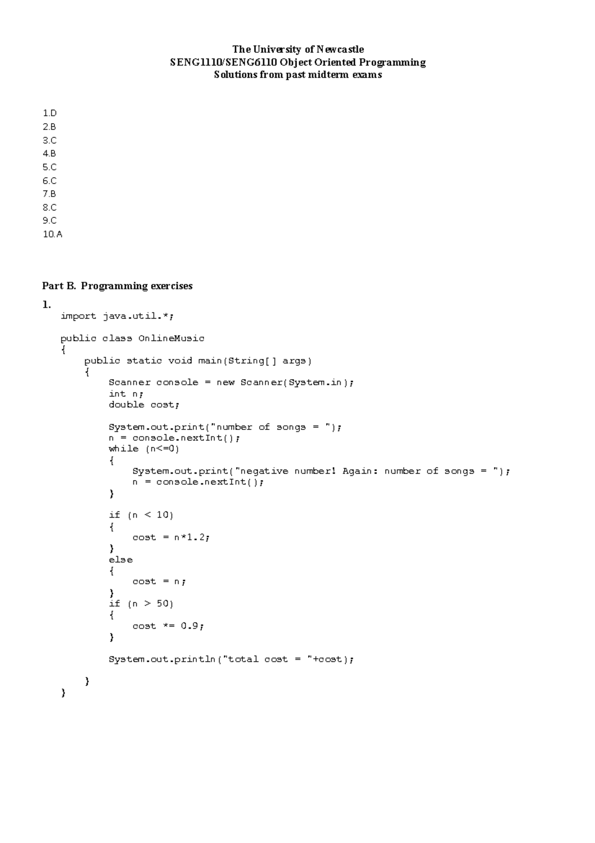 Previous Midterm Exercises Solutions 3 1 The University Of Newcastle Seng1110 Seng6110 Object
