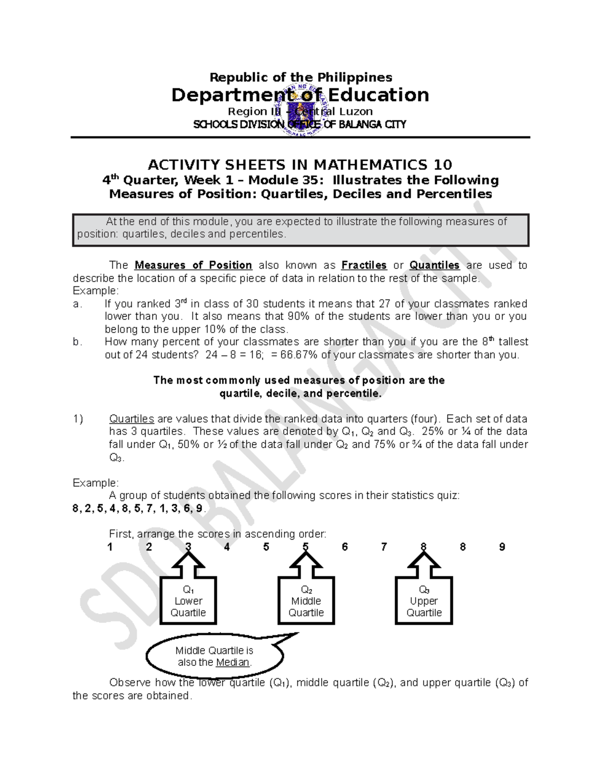 Activity Sheets in Mathematics 10 4th Quarter Modules 35 40 Weeks 1 7 ...
