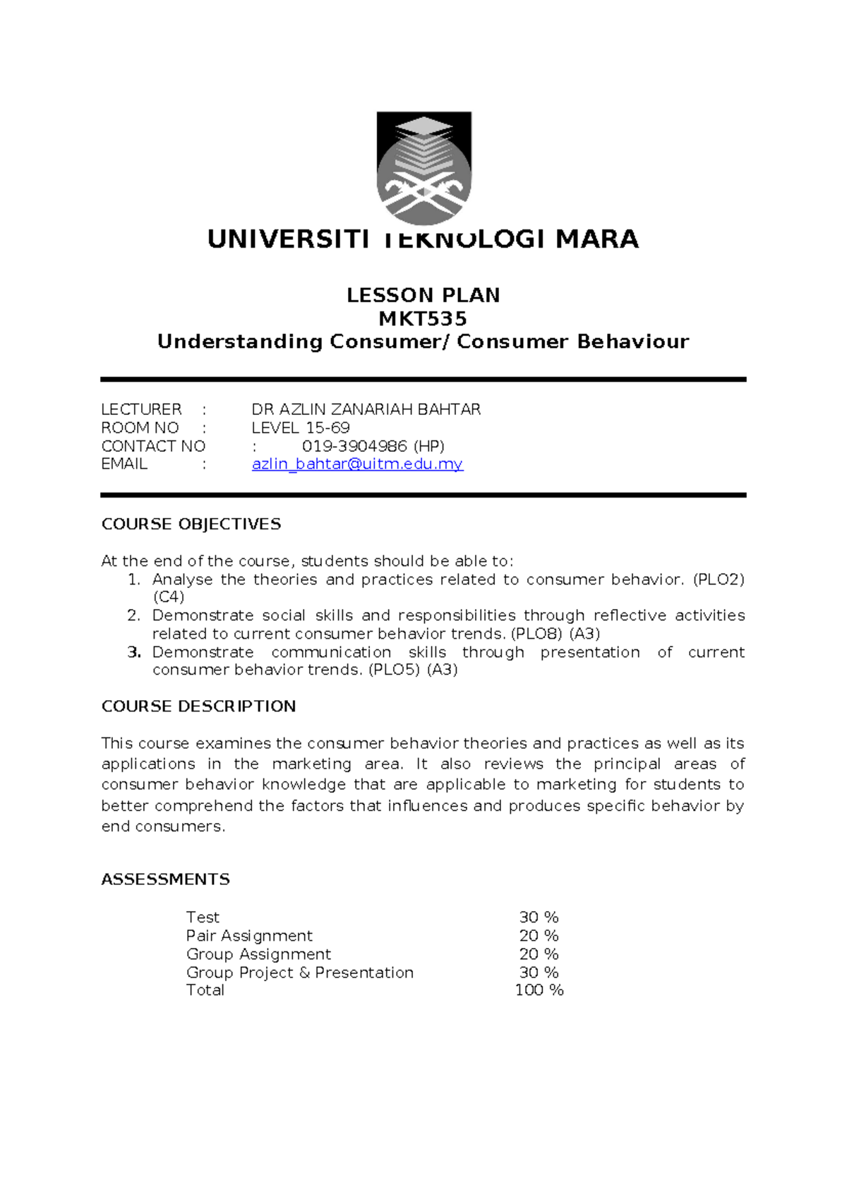Course Outline MKT535 20234 - UNIVERSITI TEKNOLOGI MARA LESSON PLAN MKT ...