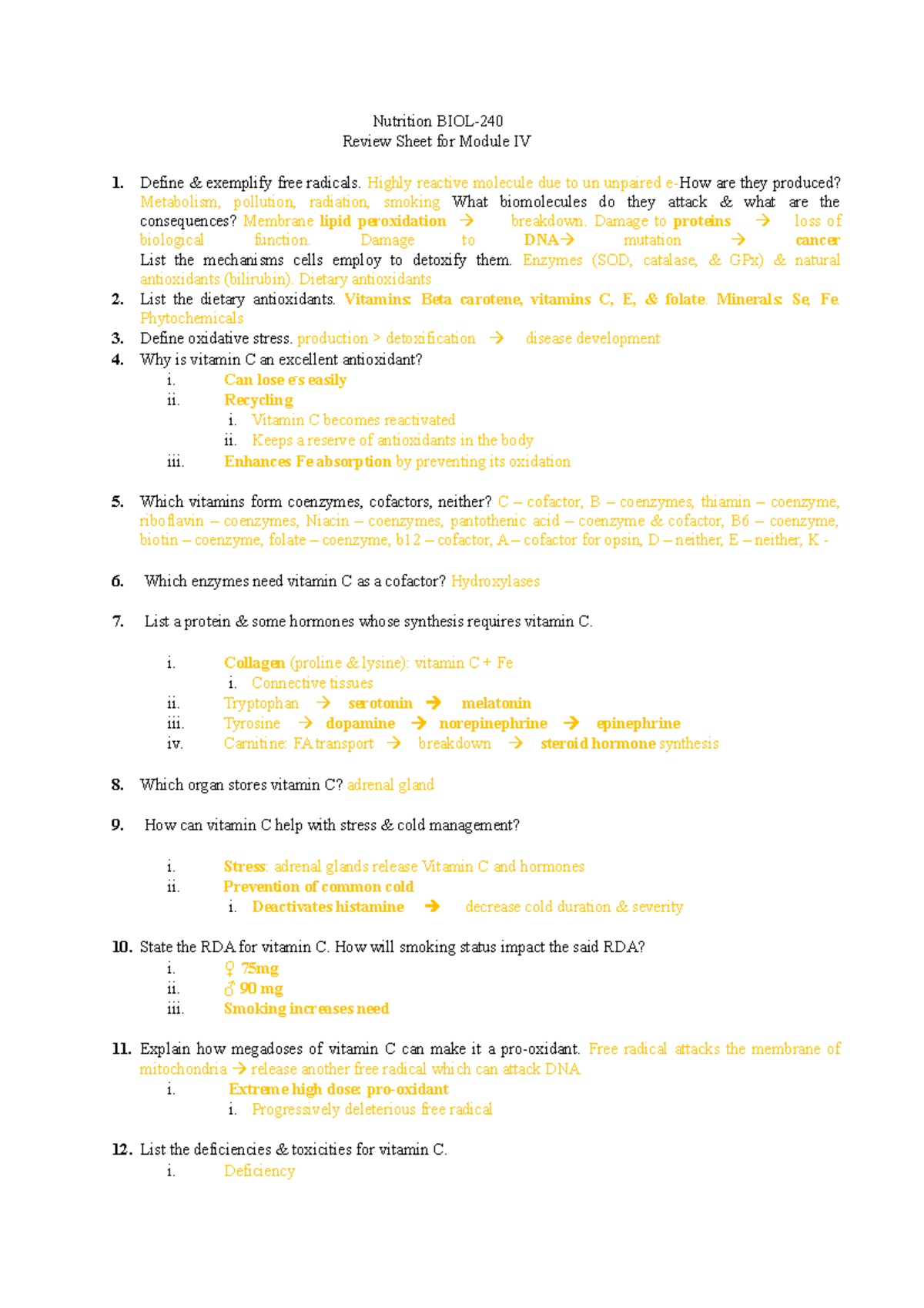 Review Sheet Module 4 Nutrition - Nutrition BIOL- Review Sheet for ...