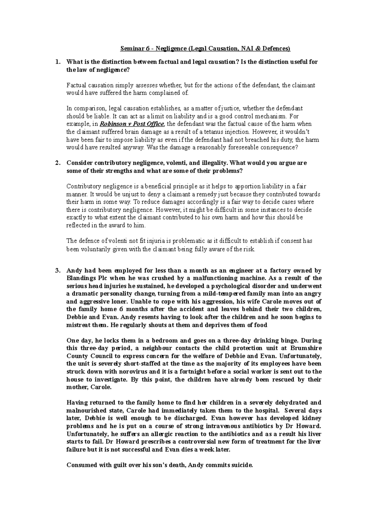 Seminar 6 Notes - Negligence (Legal Causation, NAI & Defences ...