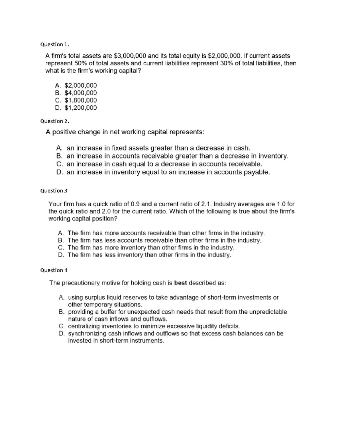 Working Capital Management Exercise 1 - Question 1. Question 2 ...