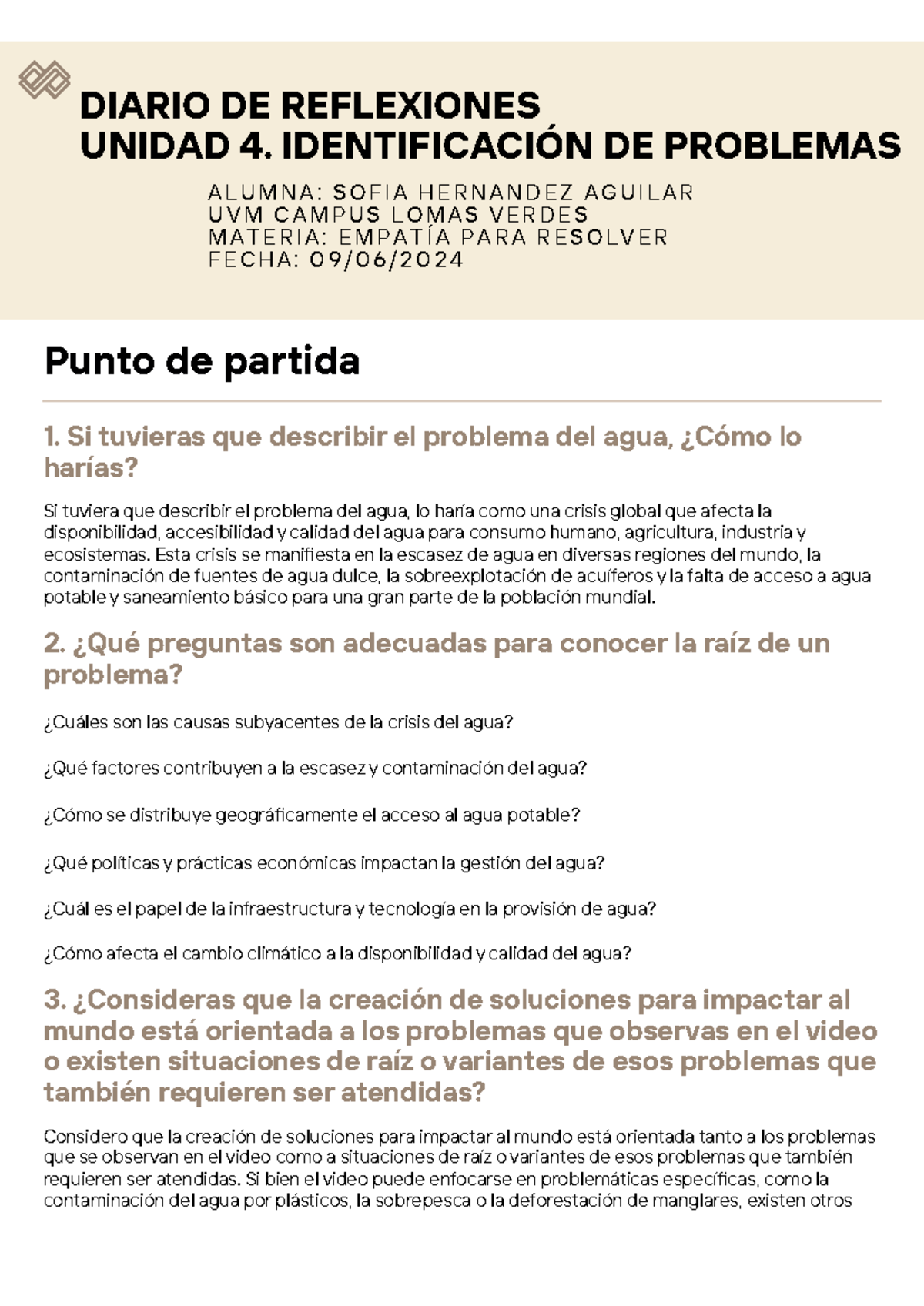 Diario de reflexiones Unidad 4 SHA - Punto de partida 1. Si tuvieras que describir el problema ...