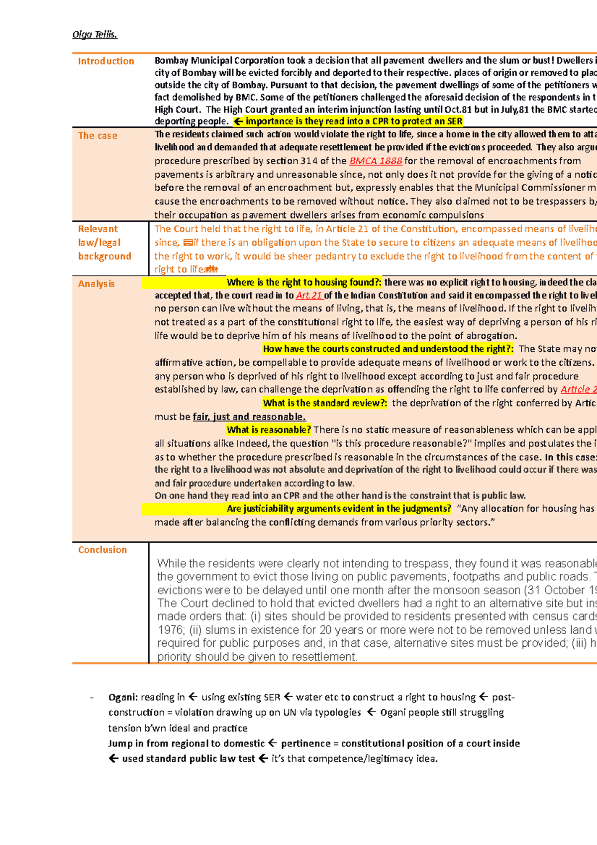 Summary - Olga tellis - Olga Tellis. Introduction The case Relevant ...