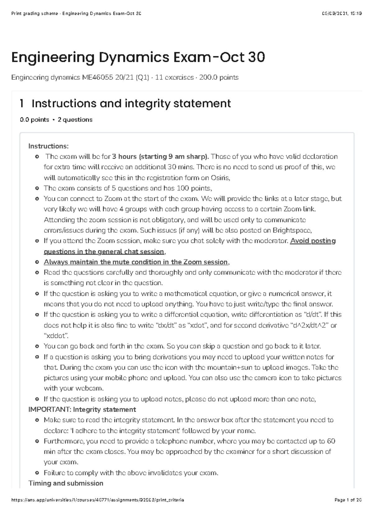 Engineering Dynamics Exam-Oct 30, 2020 - TU Delft - Studeersnel
