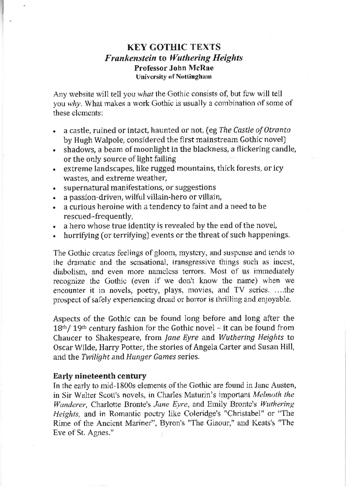 Handout from Gothic Study day - KEY GOTHIC TEXTS Frankenstein to ...